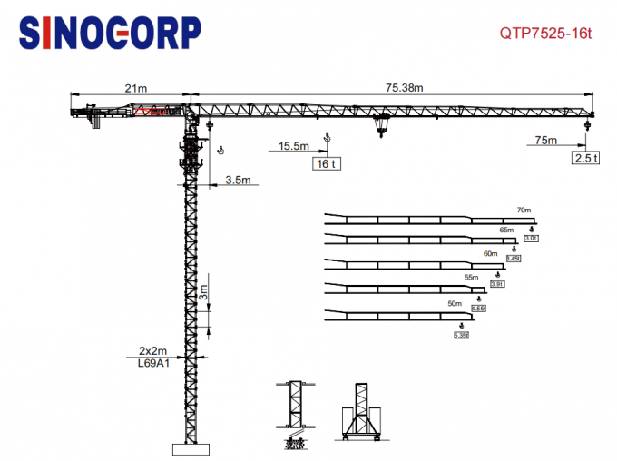 70m Boom Tower Crane Hoist 16 Ton Self Raising