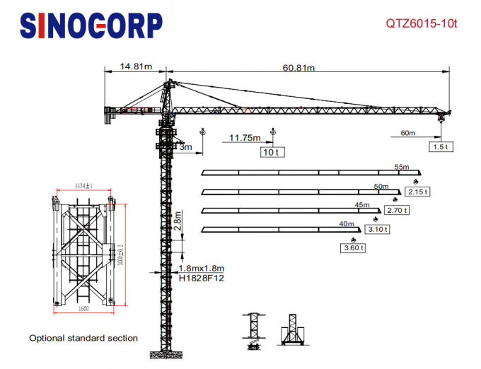 10 Ton 60m Self Erecting Hammer Head Tower Crane
