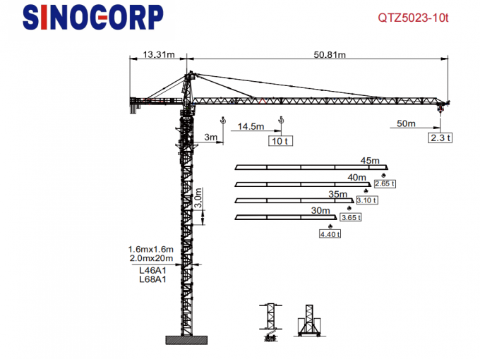 50m Jib Hammer Head Tower Crane 10 Ton